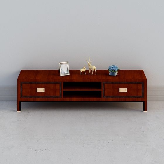 Elegant Low-Polygon TV Cabinet 3D Model – Wood & Gold