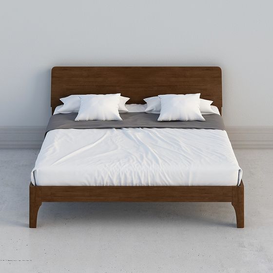 Solid Wood Bed 3D Model - Earth Color Minimalist Design