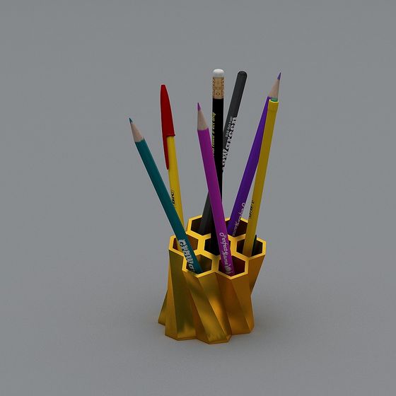 Stylish Low-Poly Pen Holder 3D Model – Golden Hexagonal Design