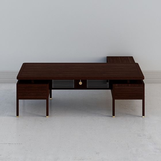 L-Shaped Office Desk 3D Model – Wood & Gold Design