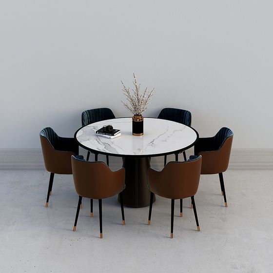 Elegant Round Table with Six Chairs – Marble & Leather