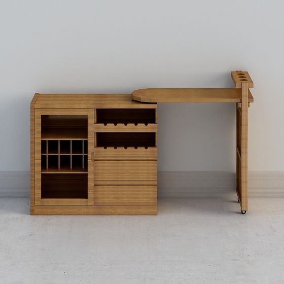 Elegant Mobile Bar Workstation 3D Model – Realistic Wood Texture