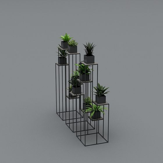 Urban Oasis Display Stand 3D Model – Modern Metal and Planters