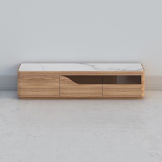 Modern Minimalist TV Cabinet 3D Model – Marble and Wood