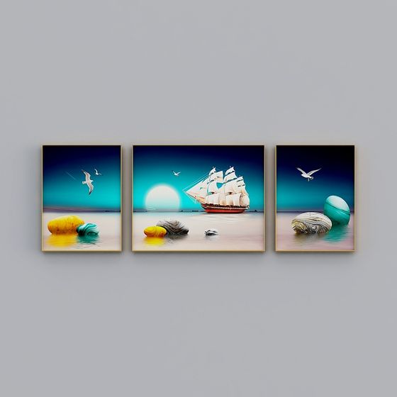 Serene 3D Model Triptych of a Sailing Ship