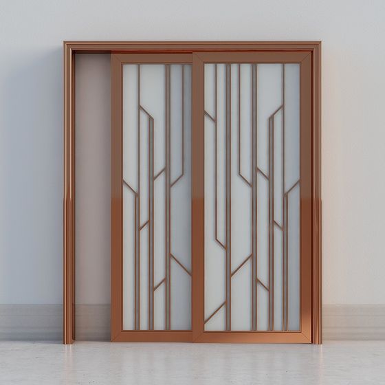 Art Deco Sliding Door 3D Model – Copper Geometric Design