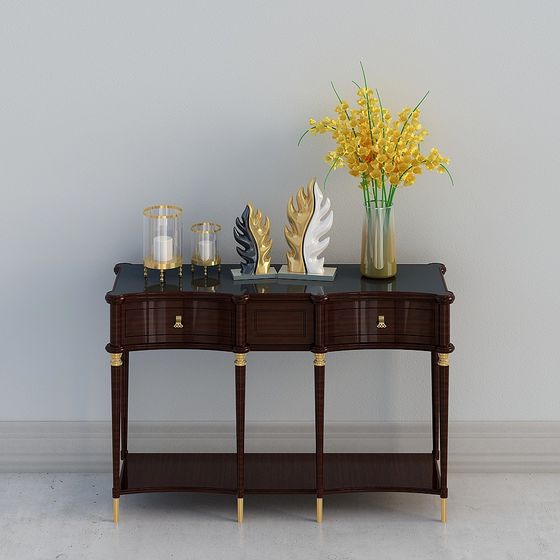 Elegant Low-Poly Console Table – Brown Wood & Gold Legs