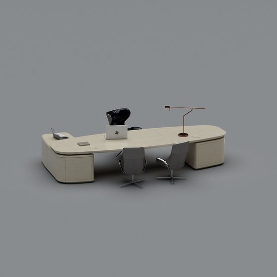 Streamlined Office Desk 3D Model – Wood and Leather