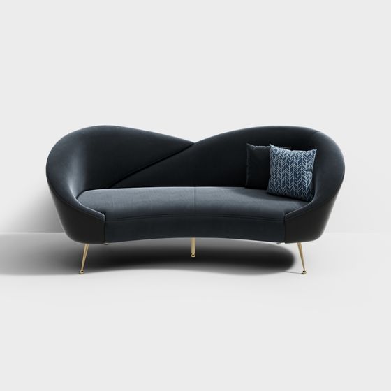 Streamlined Sofa 3D Model – Black Leather with Gold Legs