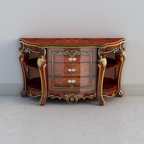 Baroque Style Vanity Table 3D Model – Classic Wood and Gold