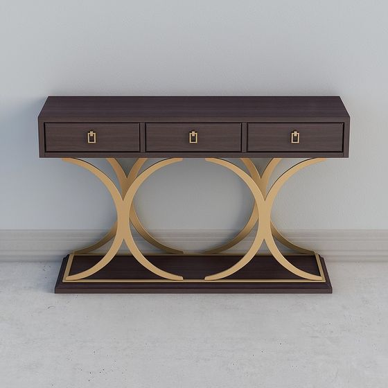 Elegant Foyer Table 3D Model – Wooden Top & Gold Frame