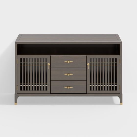 Elegant Modern TV Stand 3D Model – Wood and Gold