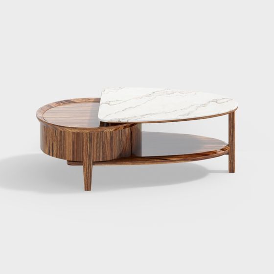 Elegant Low-Poly Coffee Table 3D Model – Walnut & Marble