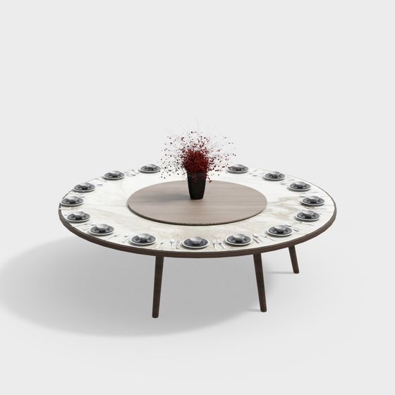 Round Feast Dining Table 3D Model – Marble and Wood