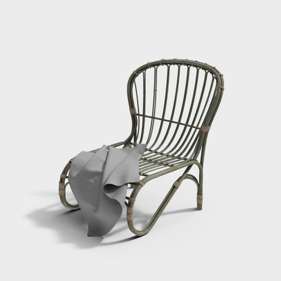 Vintage Rattan Chair 3D Model – Handwoven Olive Green