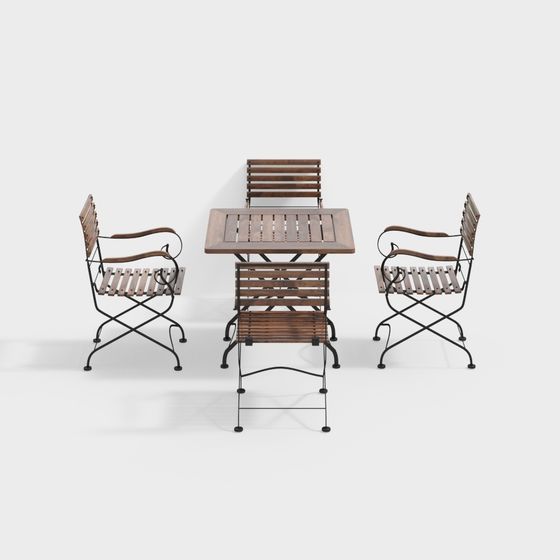 Vintage Iron and Wood Table and Chairs 3D model