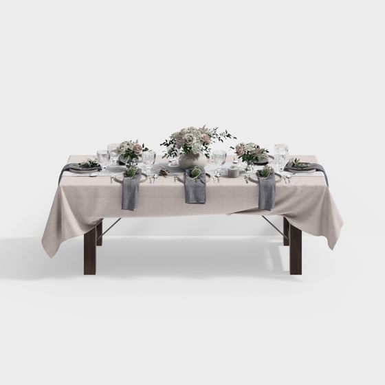 Elegant Banquet Table 3D Model – Low-Poly Wooden Design