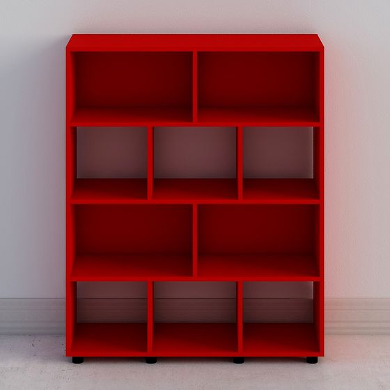 Vibrant Low-Poly Bookshelf 3D Model – Red Metallic Texture