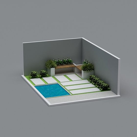 Low Poly Outdoor Courtyard 3D Model – Minimalist Garden Scene