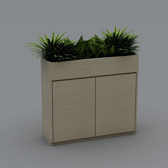 Urban Green Plant Cabinet 3D Model – Light Wood & Plants