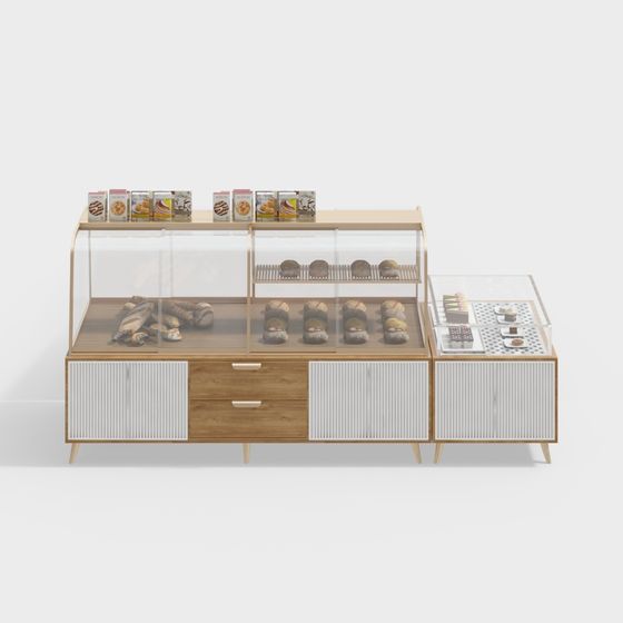 Elegant Bread Display Cabinet 3D Model – Light Wood & Glass
