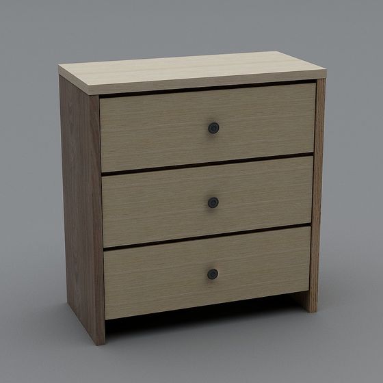 Stylish Low-Poly Wooden Three-Drawer Cabinet 3D model