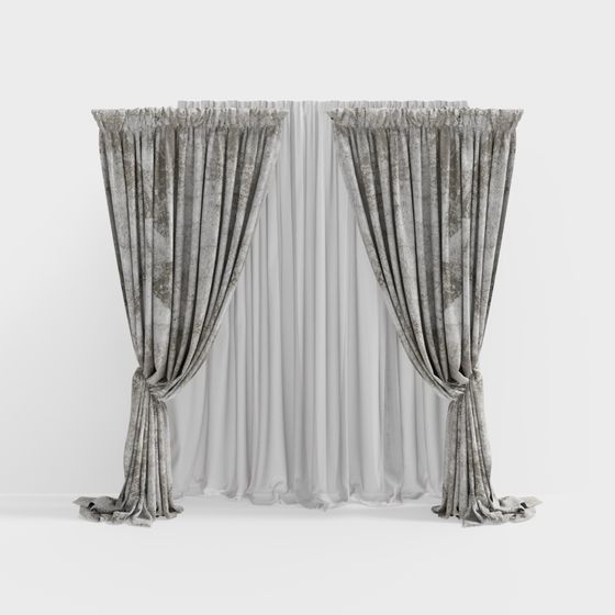 Elegant Velvet Curtains 3D Model – Textured Gray Velvet
