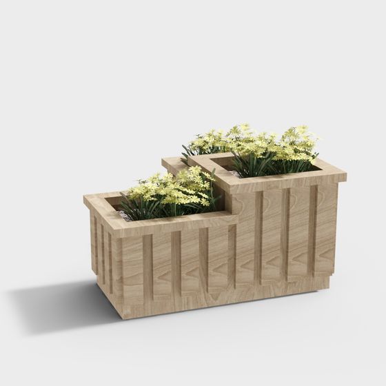 Wooden Double-Layer Planter 3D Model – Natural Wood Finish
