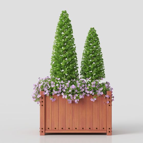 Wooden Planter Box with Greenery 3D model