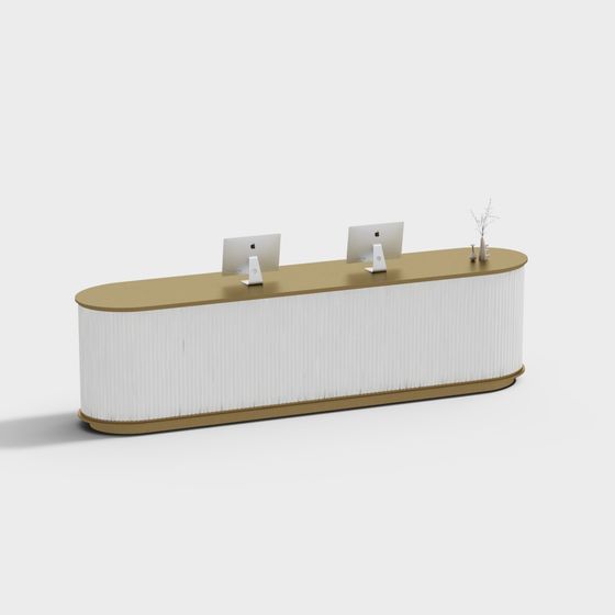 Elegant Oval Reception Desk 3D Model – White & Gold Design