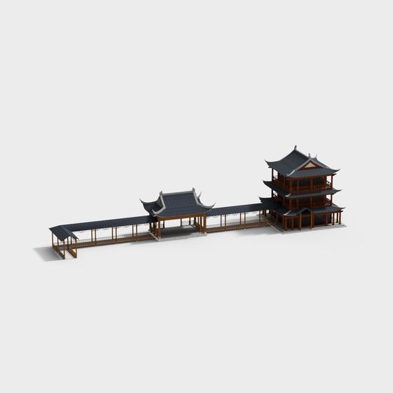 Traditional East Asian Architecture 3D Model – Low-Poly Wooden Roof
