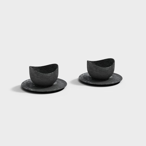 Low Poly Black Teacup and Saucer 3D Model – Matte Finish