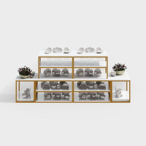 Elegant Low-Poly Display Cabinet 3D Model – Gold & Marble