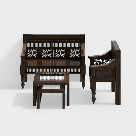Elegant Eastern Sofa Set 3D Model – Low Poly Wood Design