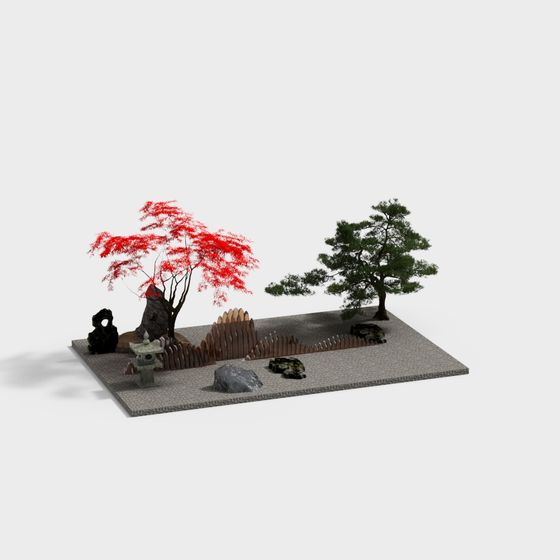 Japanese Garden 3D model with Maple and Pine Trees