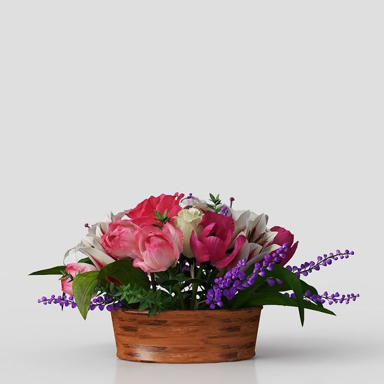 Spring Flower Basket 3D Model – Colorful Floral Design