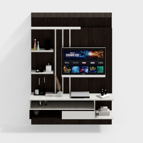 Stylish Low-Polygon TV Wall 3D Model – Wood & Metal