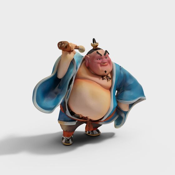 Low-Poly Fat Monk 3D Model – Traditional Blue Robe