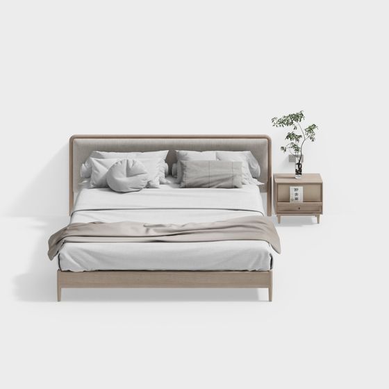 Elegant Low-Poly Bed Frame 3D Model – Natural Wood Texture