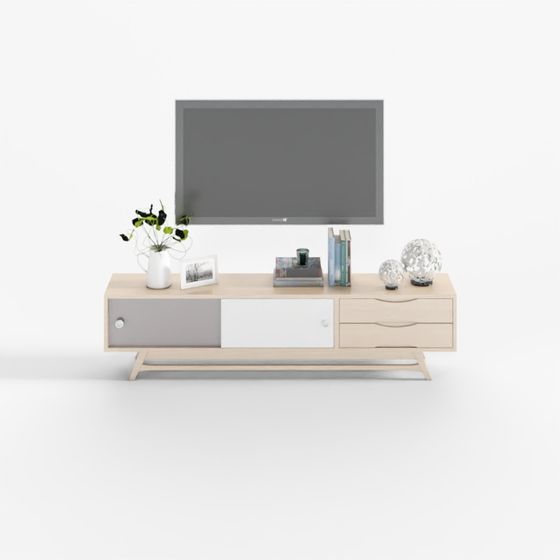 Low-Poly TV Stand 3D Model – Natural Wood & White