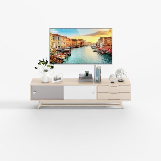 Elegant Low-Polygon TV Stand 3D Model – Oak Wood Texture